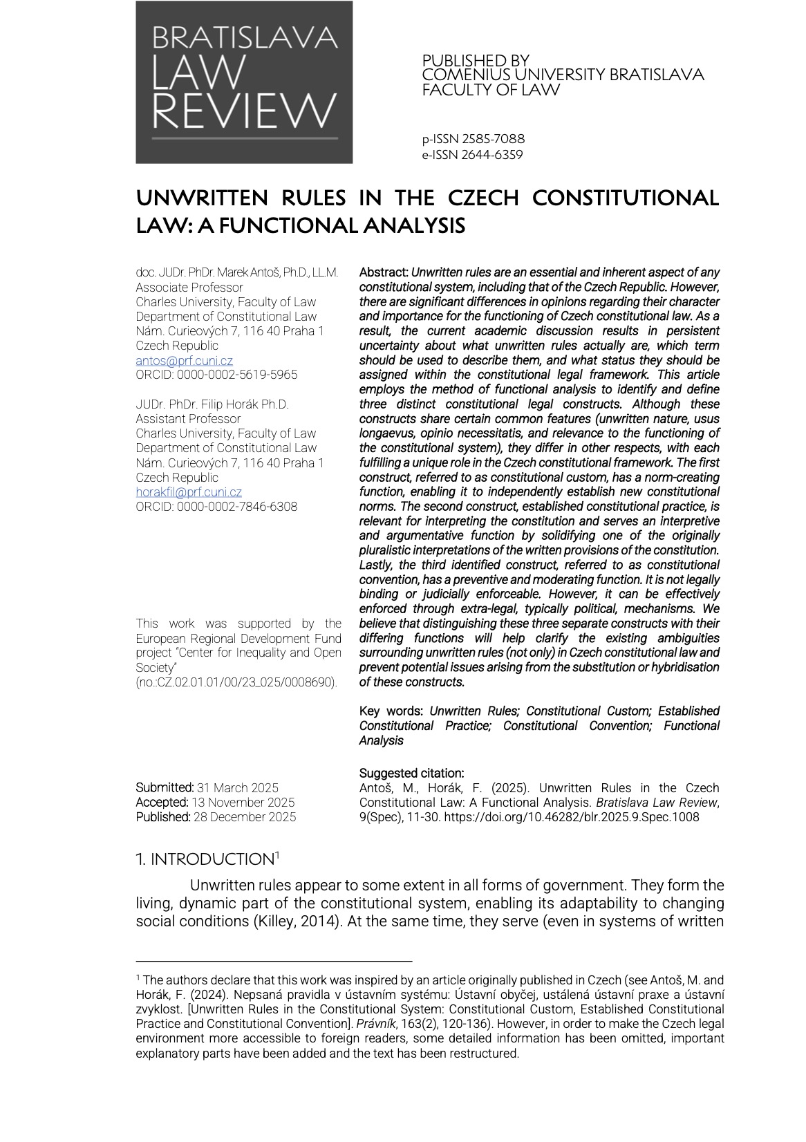 Unwritten Rules in the Czech Constitutional Law: A Functional Analysis ...